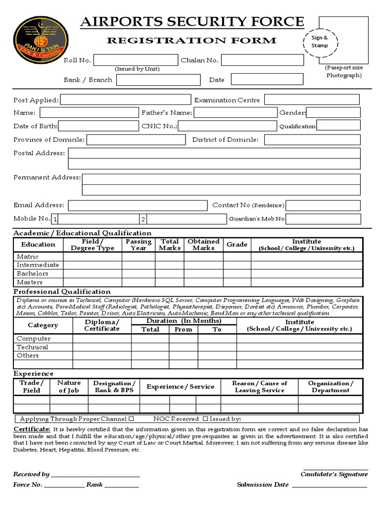 Airports Security Force: Registration Form | PDF | Professional ...