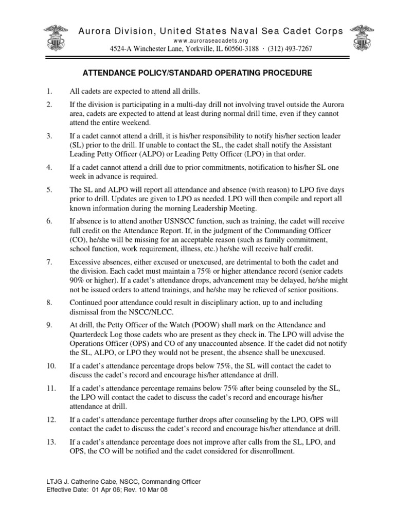 Attendance Policy & SOP | PDF | Military Science | Military Organization