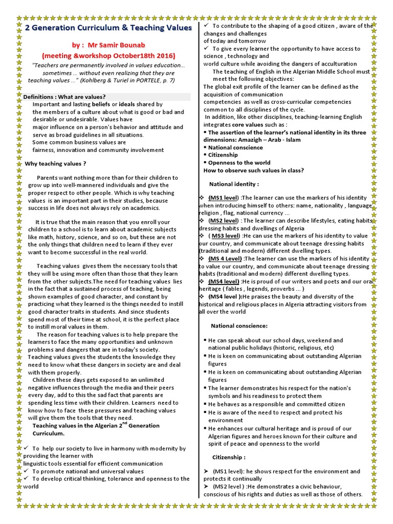 Teacher's Handout 1st Meeting & Workshop 2 G and Teaching Values ...