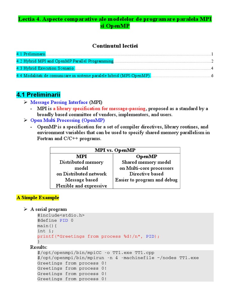 Lectia 4. Aspecte Comparative Ale Modelelor de Programare Paralela Mpi Si Openmp | PDF | Message ...