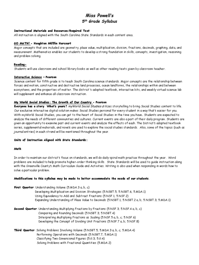 Miss Powell 27s 5th Grade Syllabus | PDF | Fraction (Mathematics ...