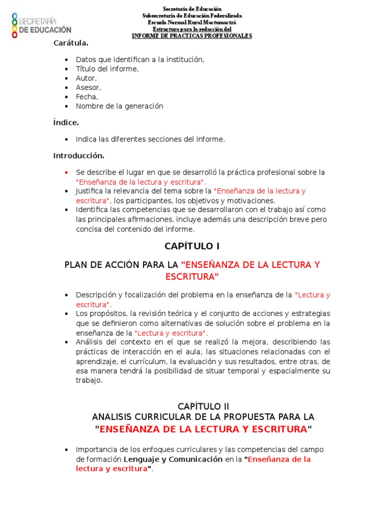 Estructura Del Informe de Prácticas Profesionales | PDF | Lectura (proceso) | Evaluación