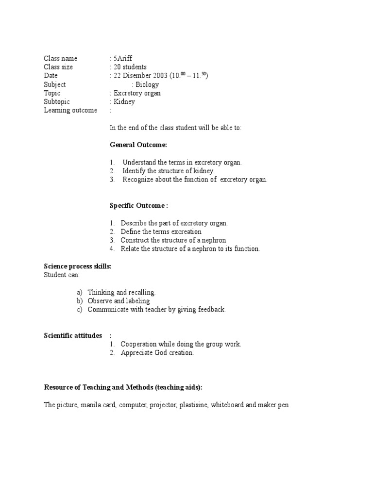 Lesson Plan Kidney | PDF | Kidney | Education Theory