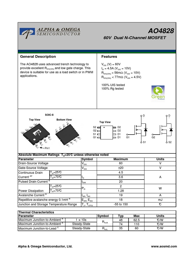 60V Dual N-Channel MOSFET: Features General Description | Mosfet | Diode