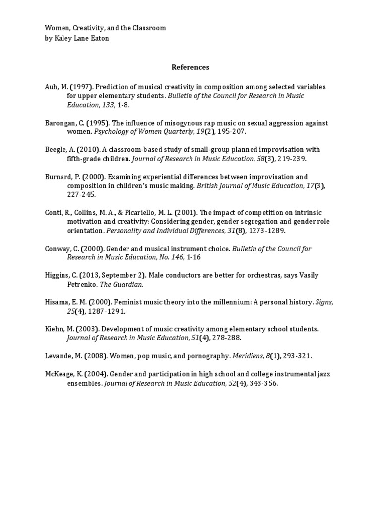 Women, Creativity, and The Classroom References | PDF