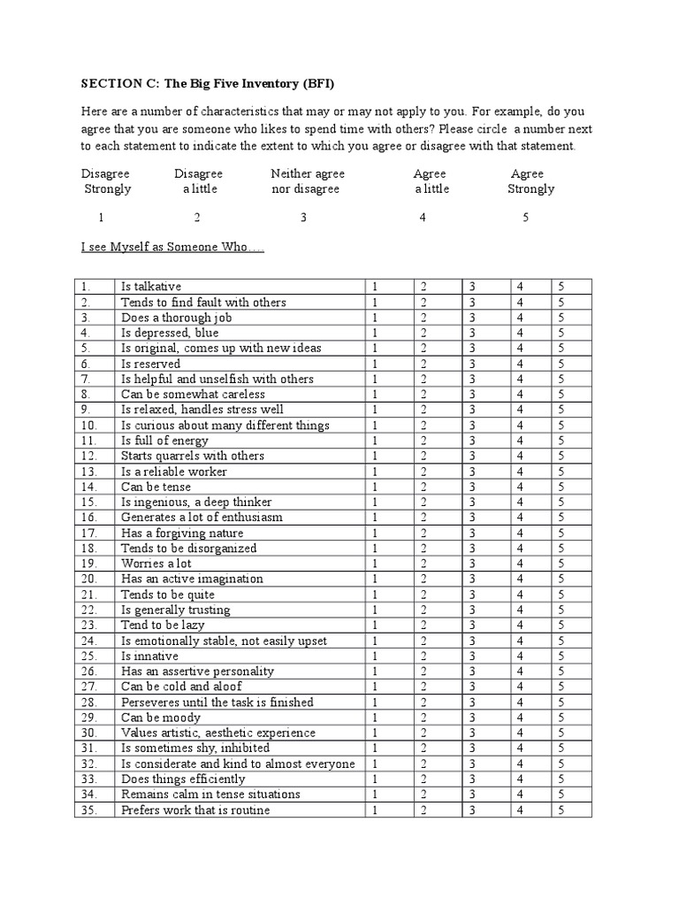 Big Five Personality Inventory (BFI | PDF