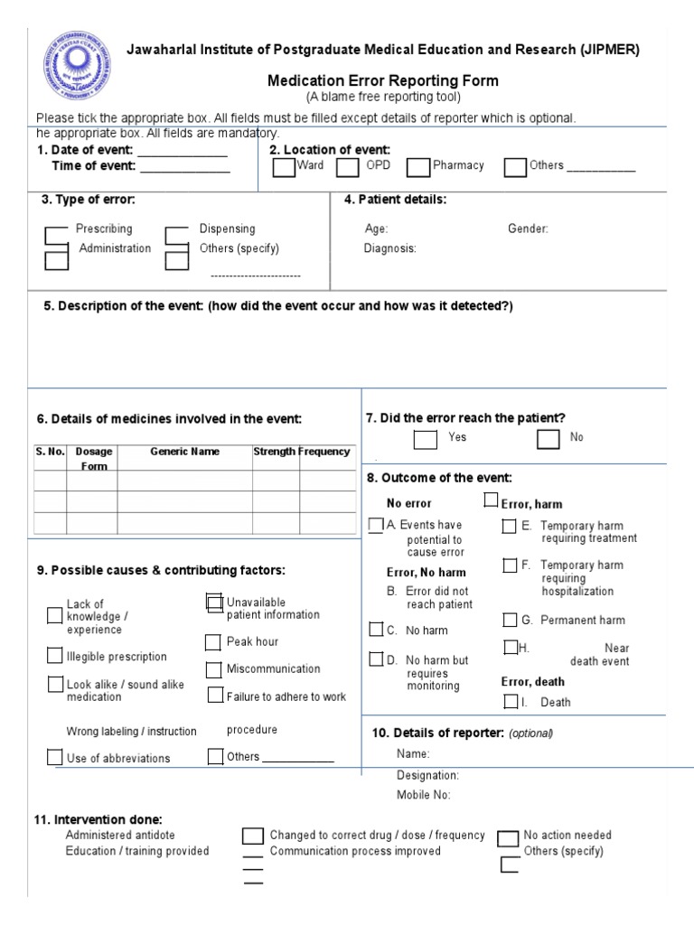 Medication Error Reporting Form | Download Free PDF | Medical Error ...