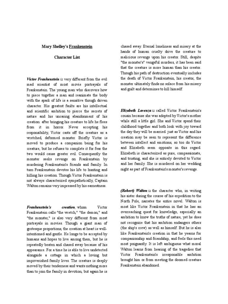 Frankenstein Character List | PDF | Frankenstein