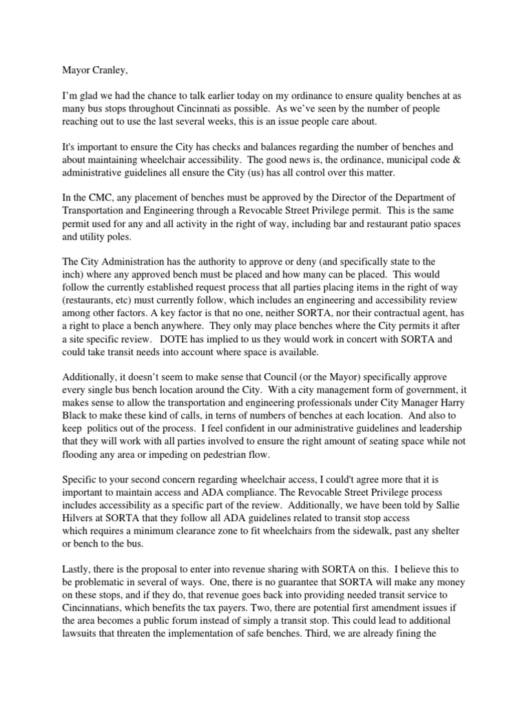 Letter From Chris Seelbach To John Cranley On Bus Benches | PDF ...