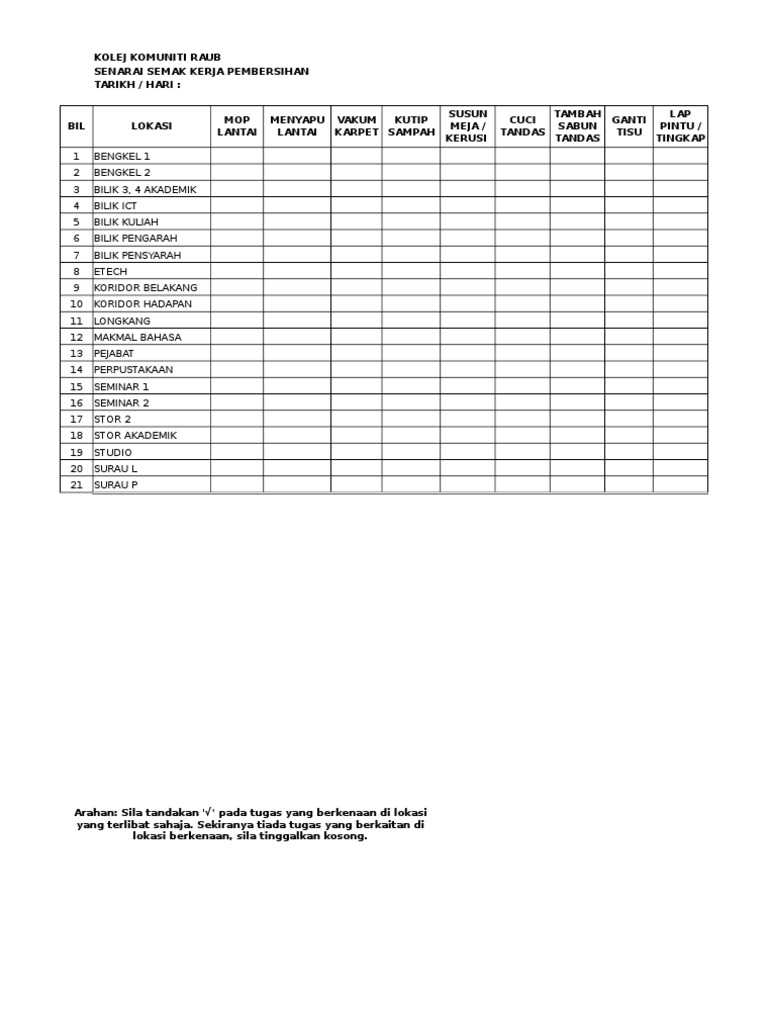 Contoh Senarai Semak Kerja Rumah