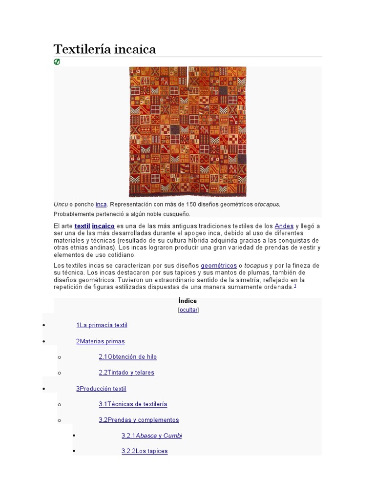 Textilería Incaica | PDF | Imperio Inca | Tapiz