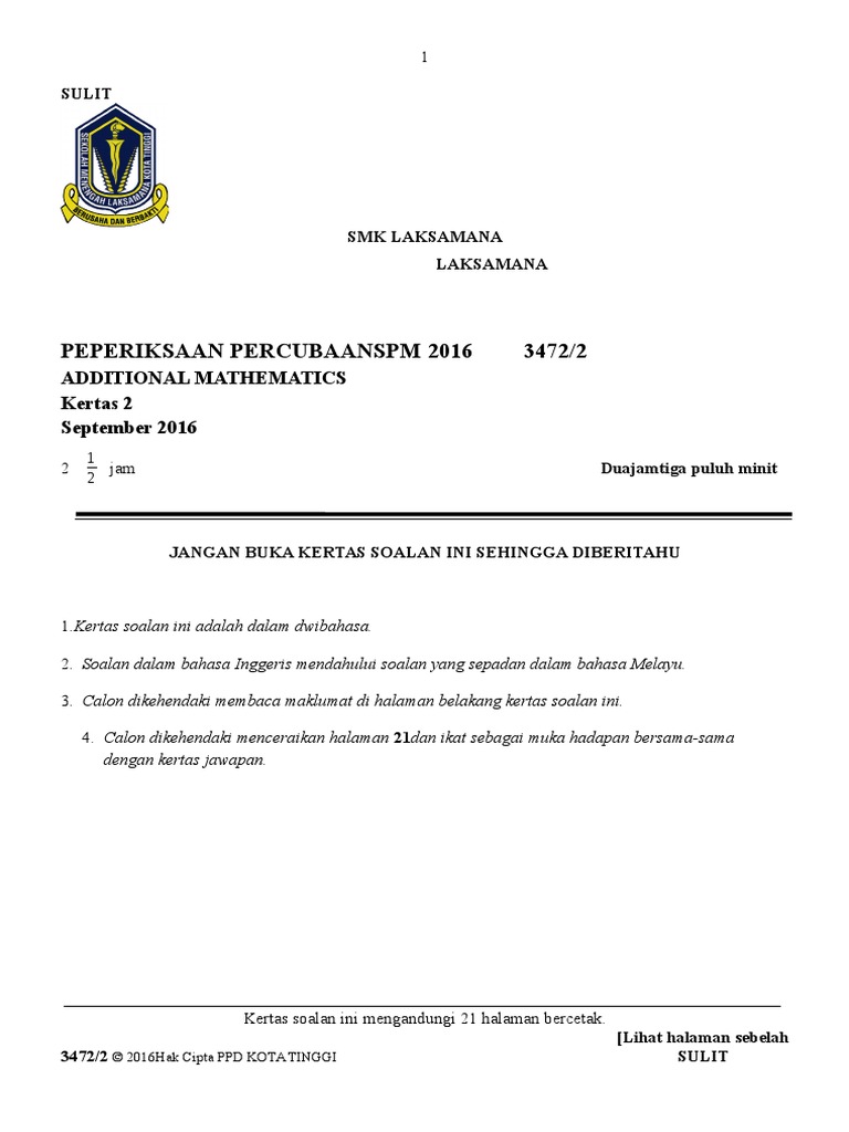 JOHOR Kertas 2 Set 4 Trial Add Math 2016 Soalan | PDF