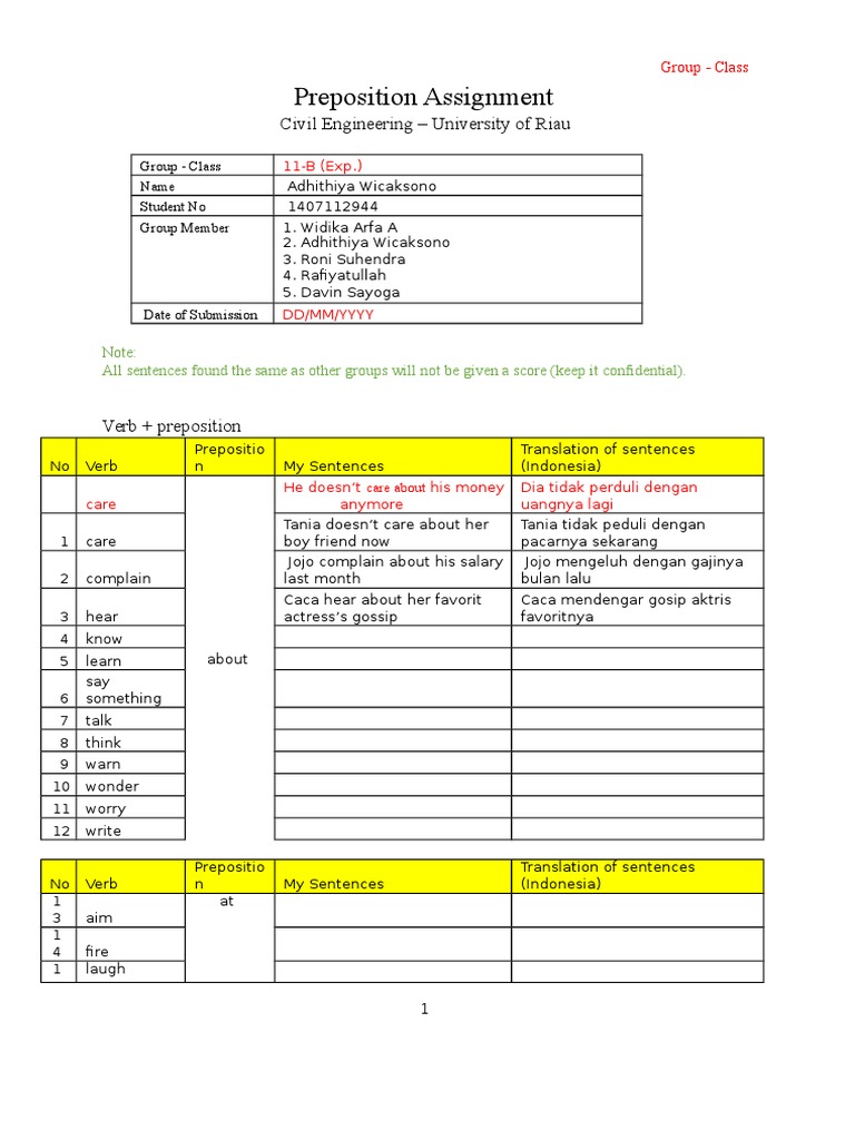Preposition Assignment | PDF | Preposition And Postposition | Semantics
