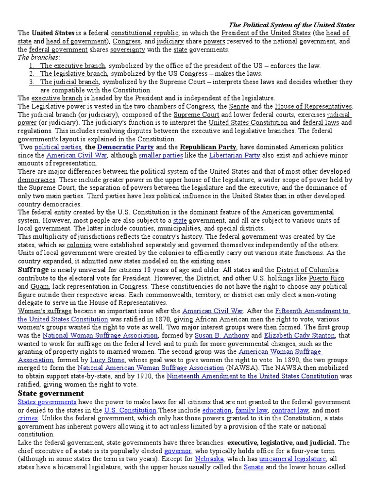 Political System US | PDF | Federal Government Of The United States ...