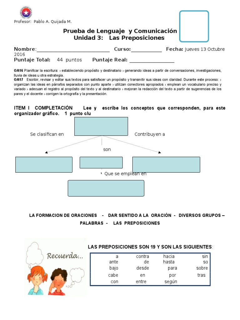 Las Preposiciones Prueba 4 Basico | PDF