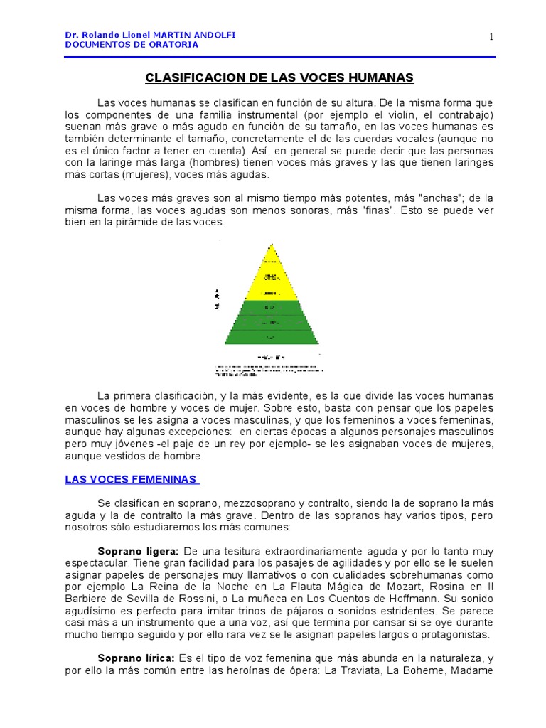 Clasificacion de Las Voces Humanas | PDF | Música vocal | Ópera