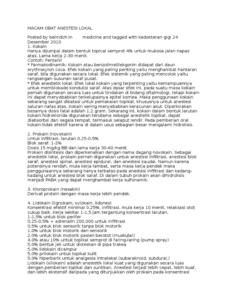 Macam Obat Anestesi Lokal | PDF