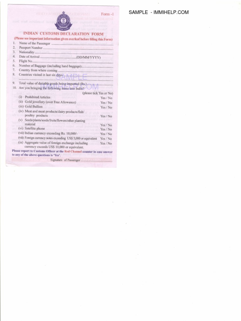 Indian Customs Declaration Form | PDF | Foods | Food And Drink
