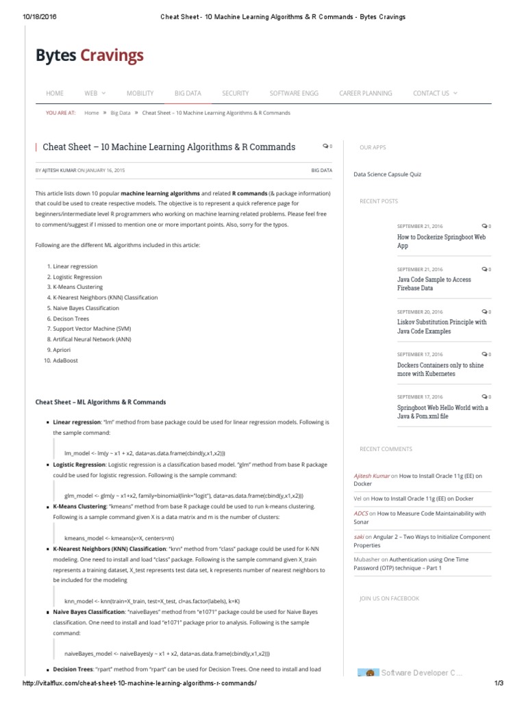 Cheat Sheet 10 Machine Learning Algorithms And R Commands Bytes Cravings Pdf Support