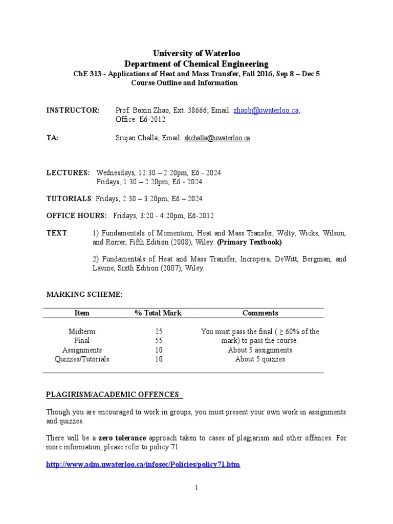2016F CHE313 Course Syllabus | PDF | Heat Transfer | Convection