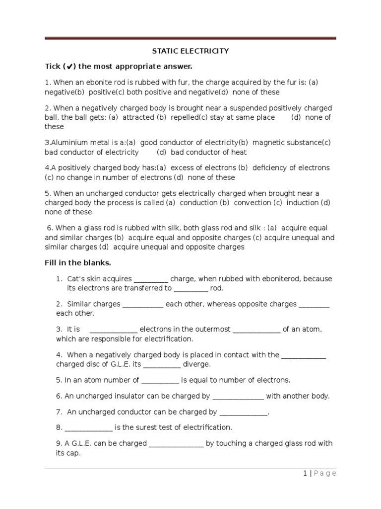 Question Paper Static Electricity | PDF | Electric Charge | Electron