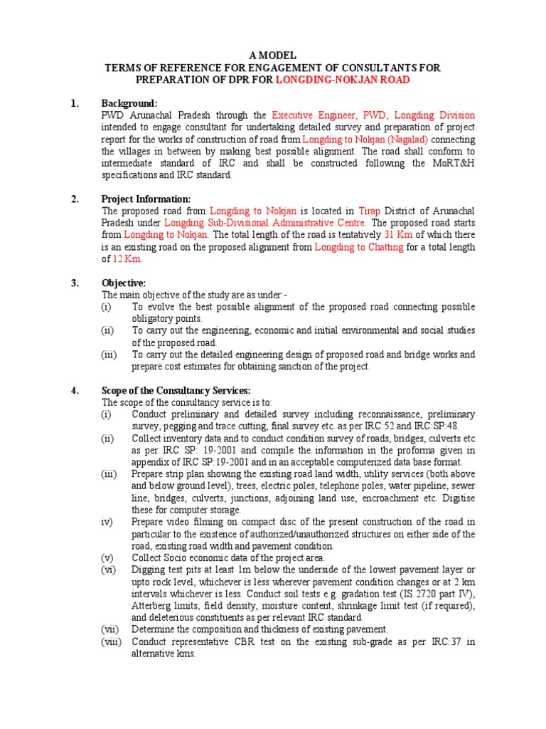 Model TOR For DPR Preparation of Road and Bridge Projects | PDF ...