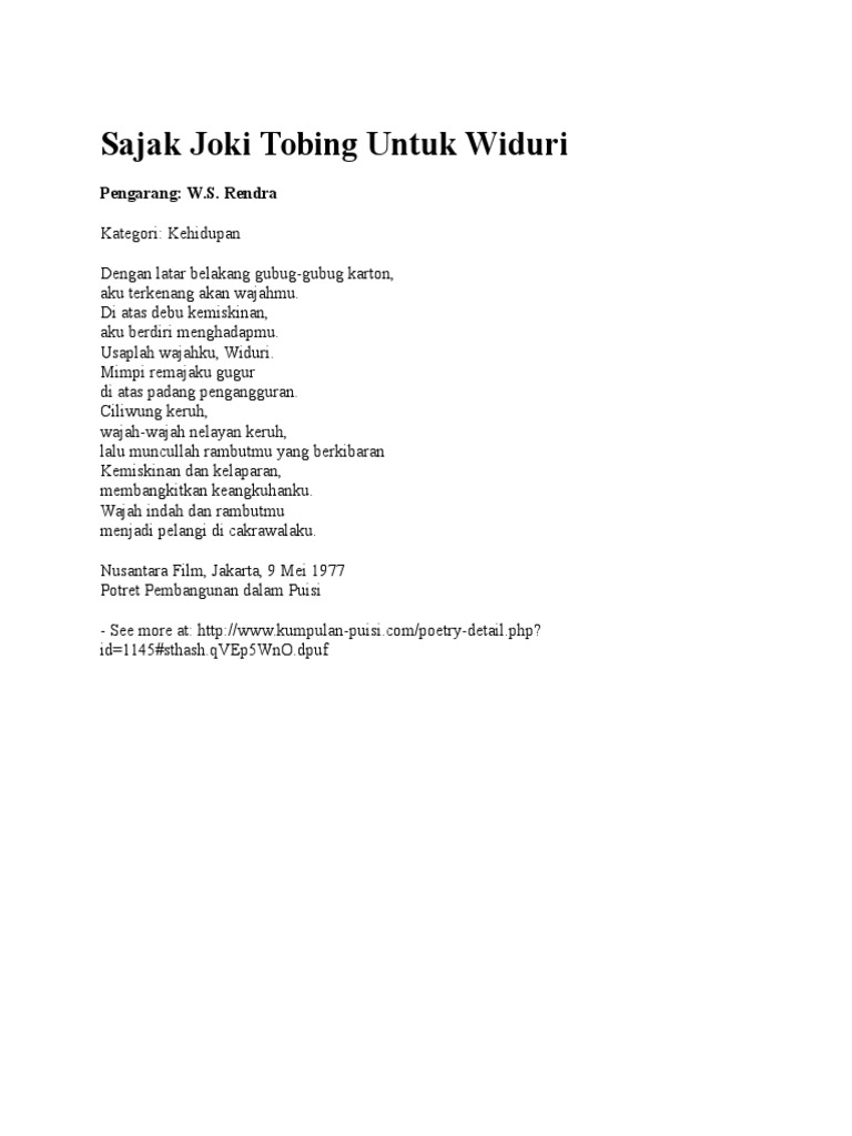 Sajak Joki Tobing Untuk Widuri | PDF