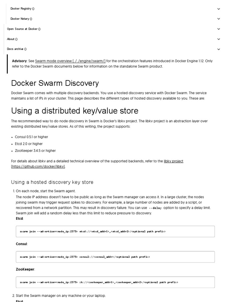 Using A Distributed Key/value Store: Docker Swarm Discovery | PDF | Node (Networking) | No Sql