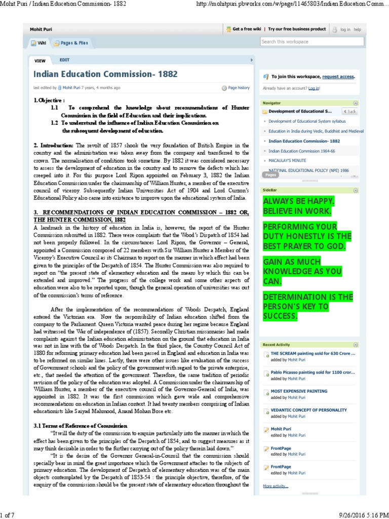 Hunter Commission Recommendations 1882 | PDF | State School | Schools