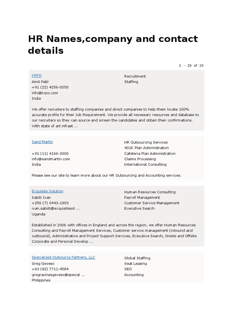 HR Contact Details | PDF | Recruitment | Business Process Outsourcing