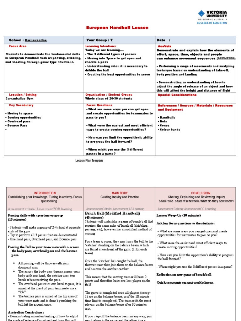 European Handball Lesson Plan for Grade 7 | PDF | Educational ...