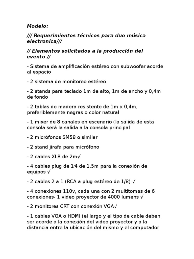 Modelo Requerimientos Tecnicos Banda Musica Electronica | PDF Modelo Requerimientos Tecnicos Banda Musica Electronica | PDF