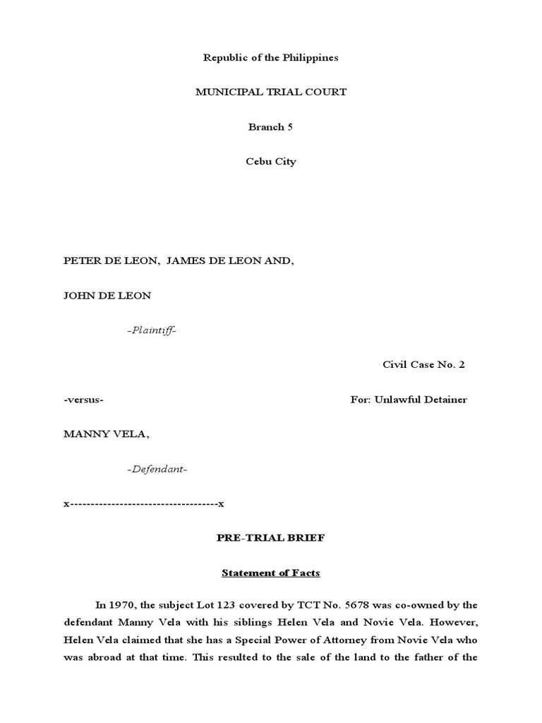 Sample Pre Trial Brief | Property | Lawsuit