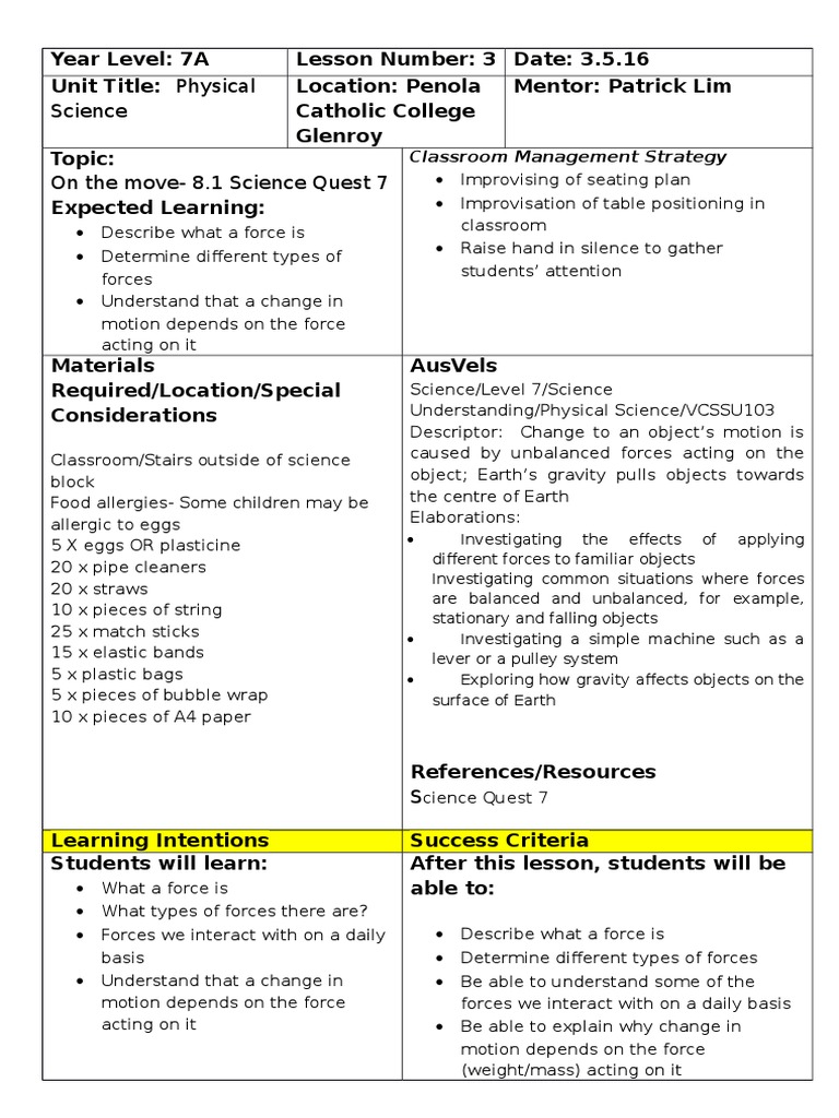 Year 7 Forces Lesson Plan | PDF | Force | Understanding