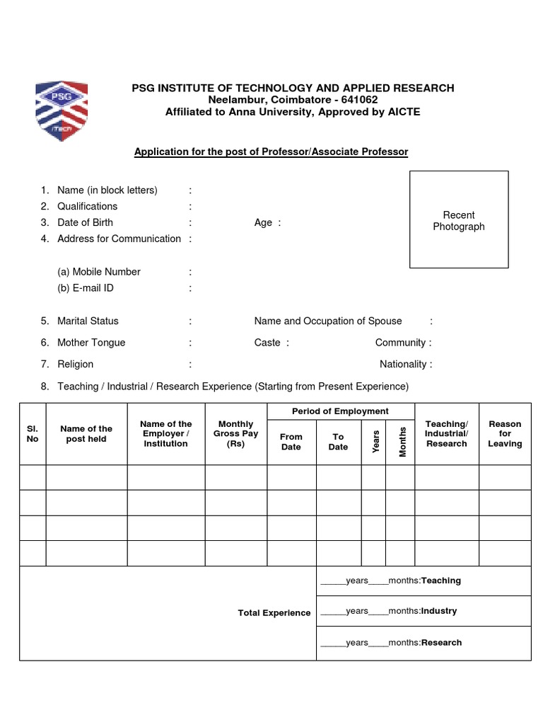 Application Form - Associate Professor & Professor | PDF | Postgraduate ...