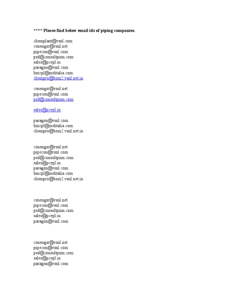 Please Find Below Email Ids of Piping Companies | PDF