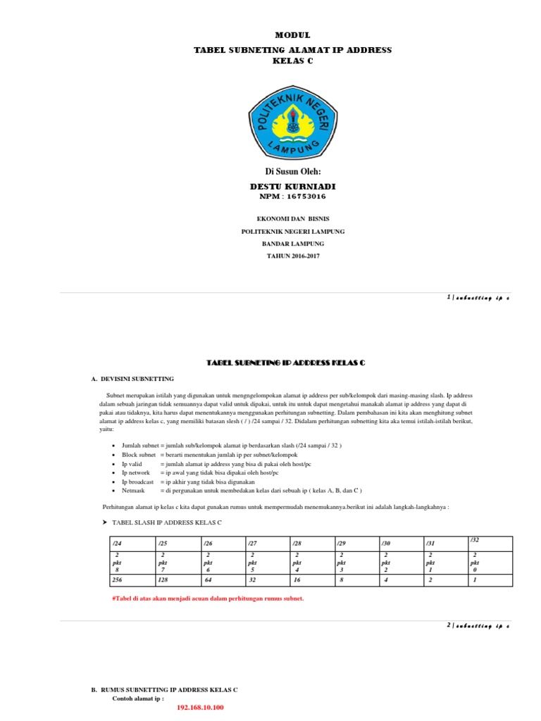 Tabel Subneting Ip Address Kelas C | PDF