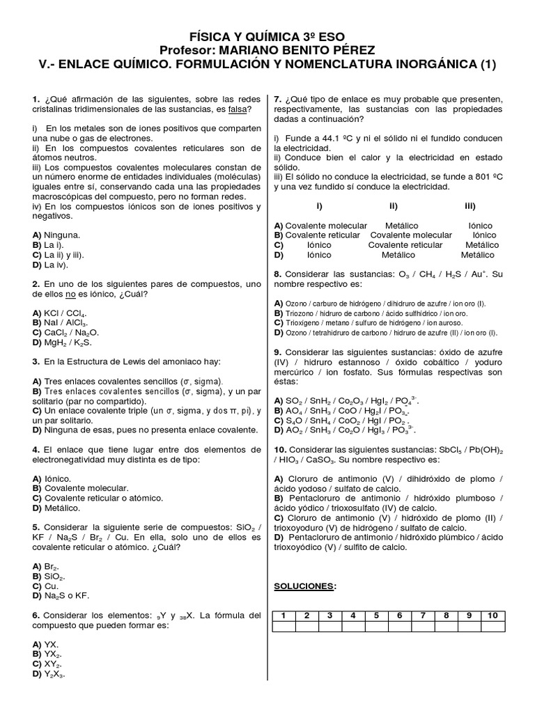 F Y Q 3º Eso 5 Test Enlace Químico Formulación Y Nomenclatura