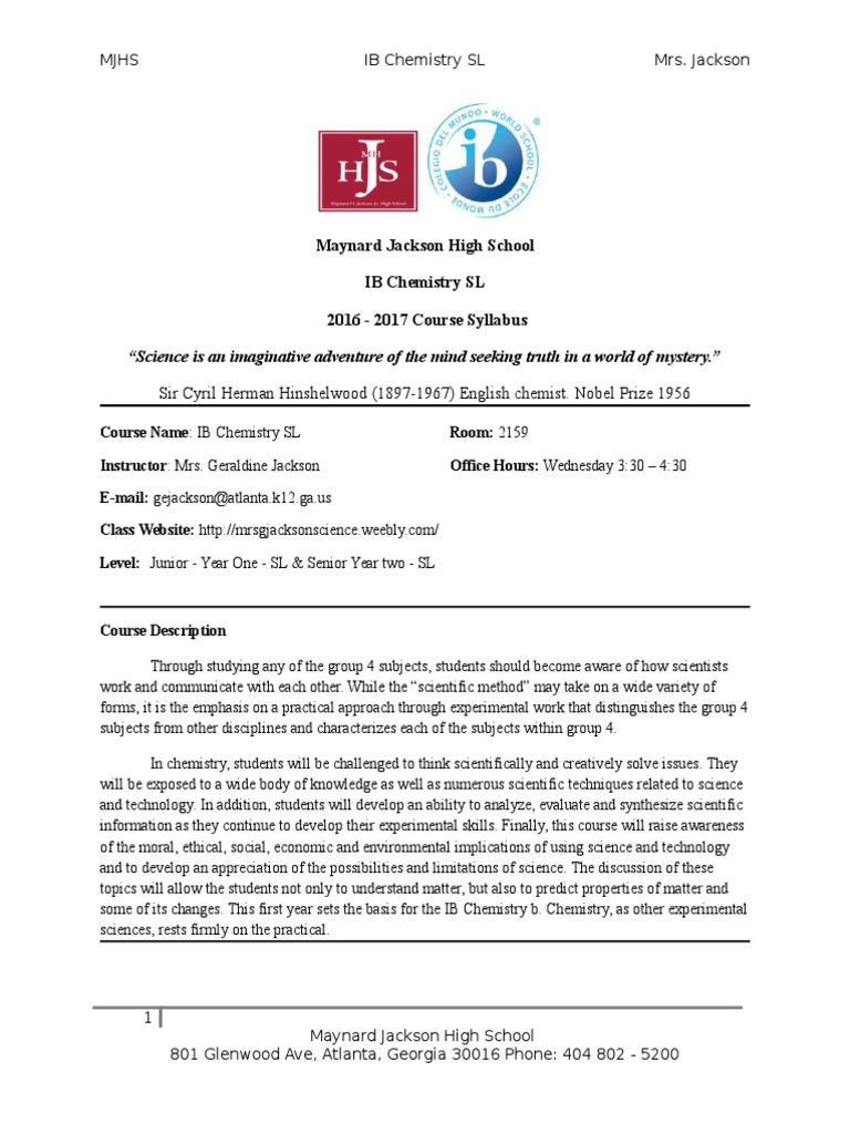 Ib Chemistry Syllabus 2016-2017 | PDF | Science | Schools