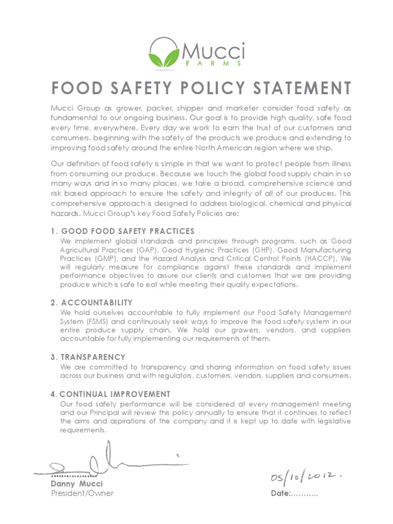 Mucci Group Food Safety Policy Statement | PDF