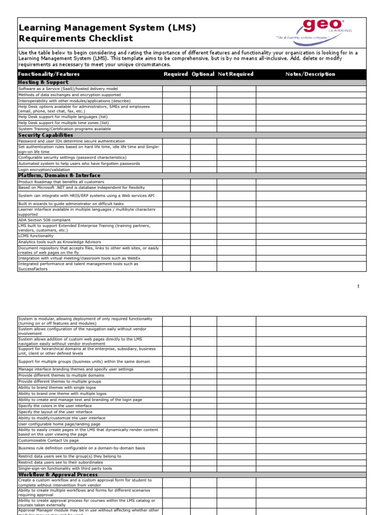 LMS Requirements Checklist GeoLearning | PDF | Application Programming ...
