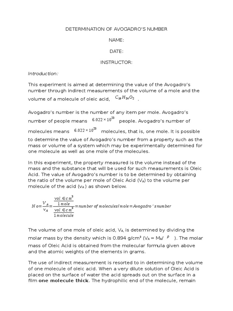 Determination of Avogadro Number Lab Report | Mole (Unit) | Volume