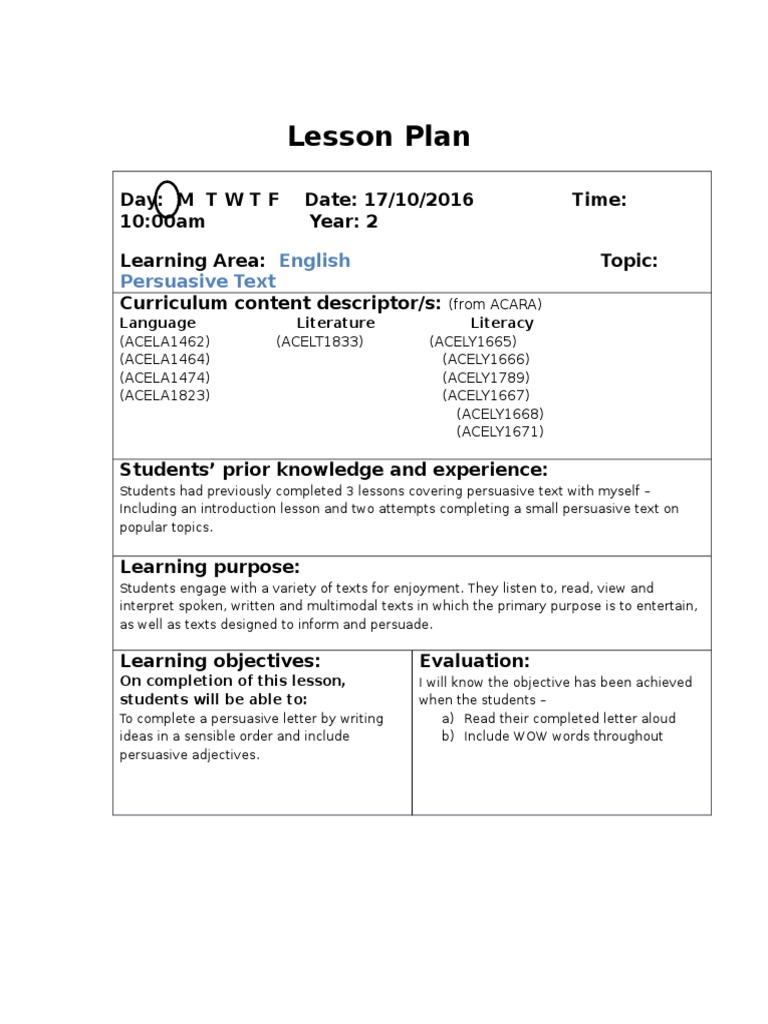 Lesson Plan - Persuasive Letter | PDF | Lesson Plan | Vocabulary