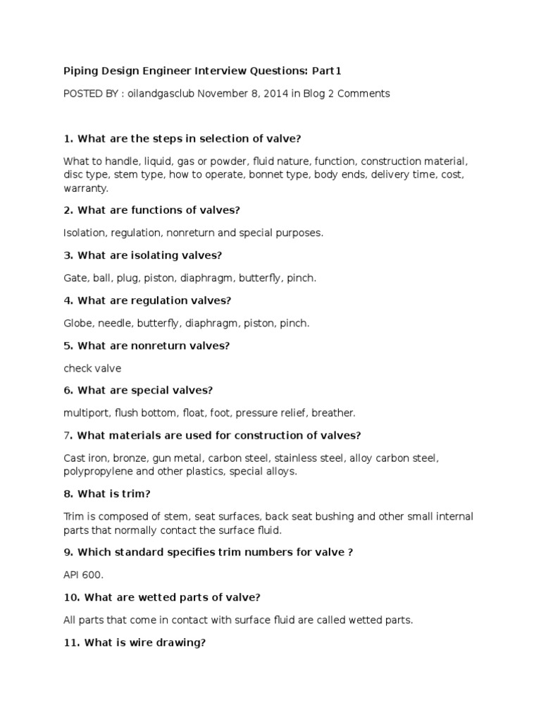 Piping Design Engineer Interview Questions - Part 1 | PDF | Valve | Building Materials