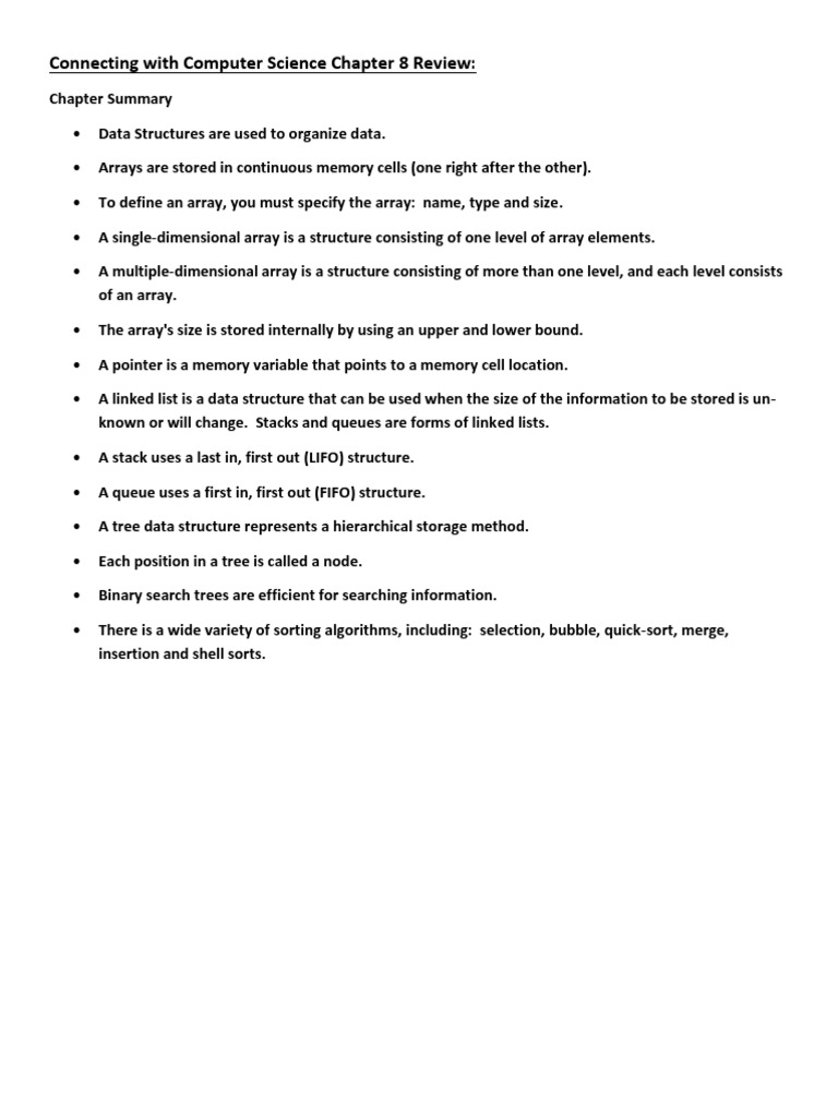 Connecting With Computer Science Chapter 8 Review | PDF | Array Data ...