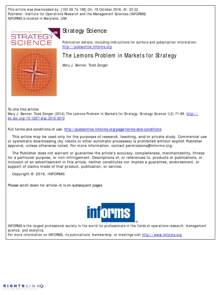 The Lemons Problem in Markets For Strategy | PDF