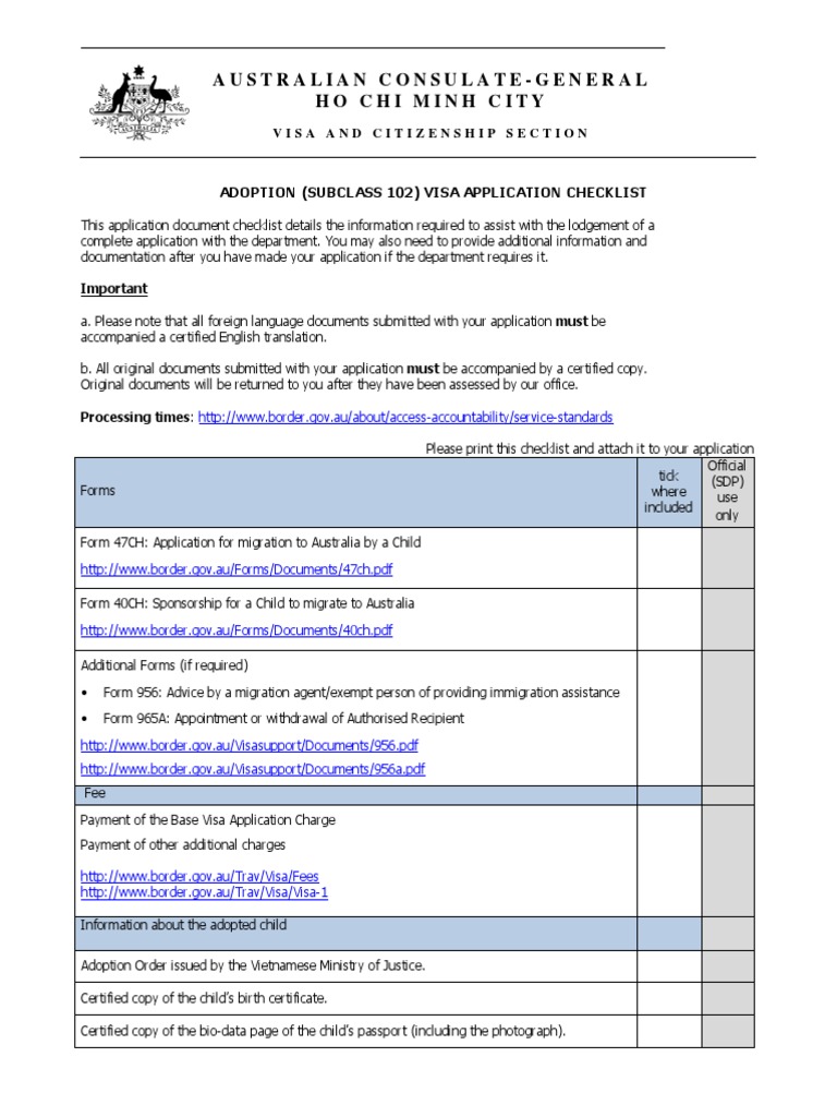 Child - Subclass 102 - Checklist. v01072015 | Download Free PDF ...