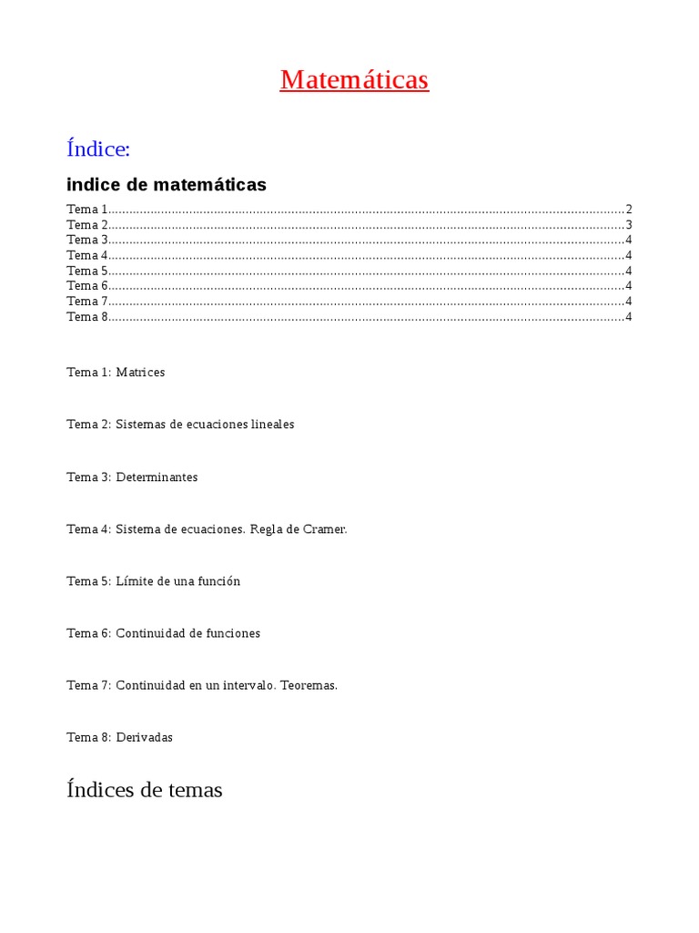 Indice de Matemáticas | PDF | Determinante | Matriz (Matemáticas)