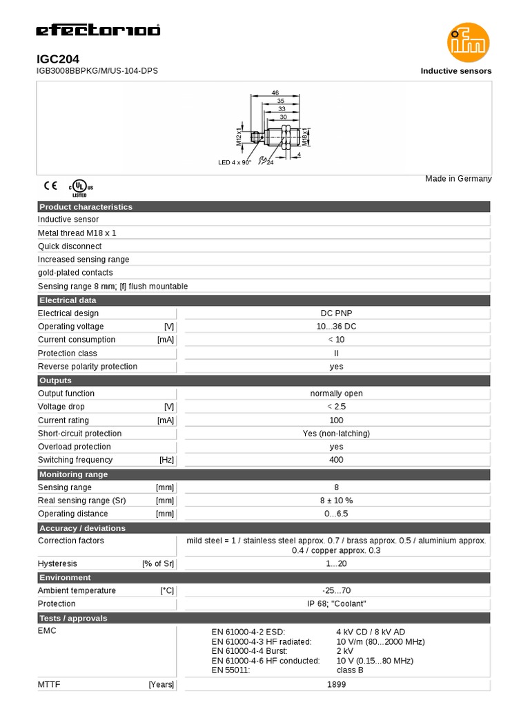 Inductive Sensor M18x1, 8mm Range | PDF