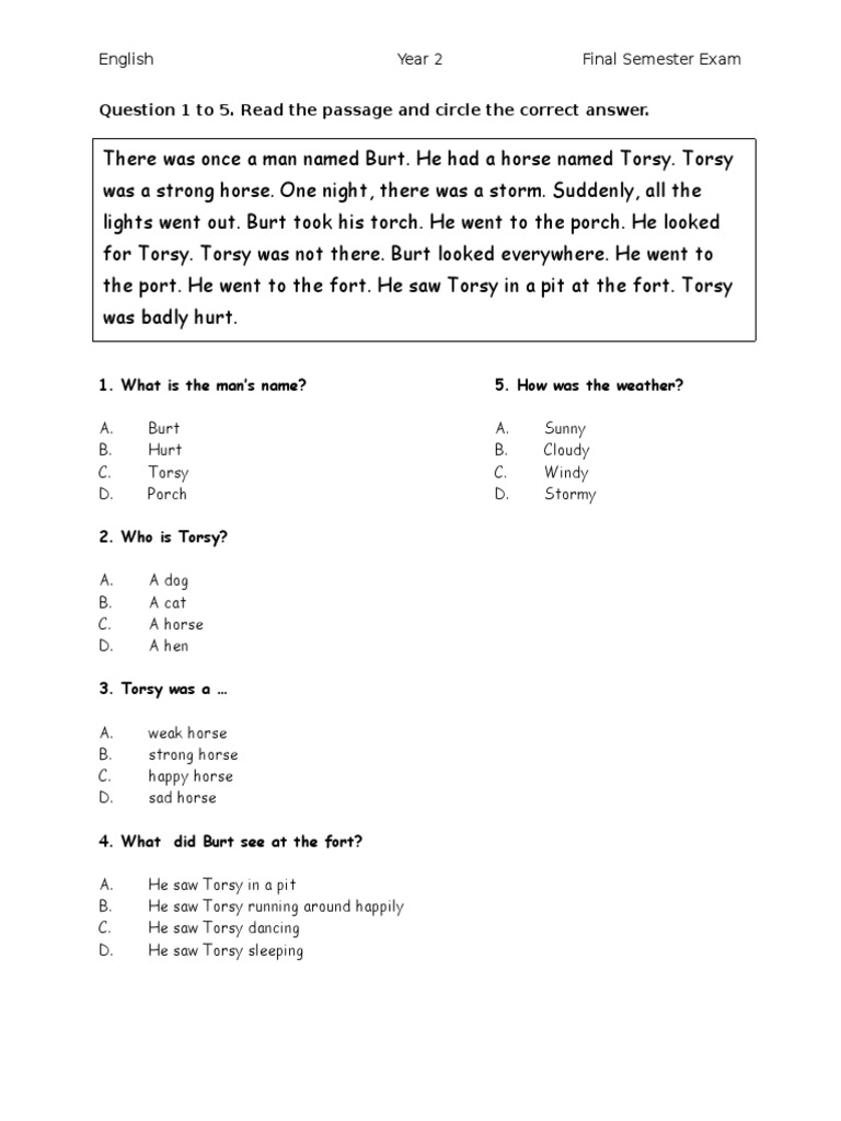English Year 2 Final Exam | PDF